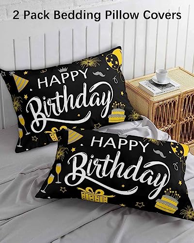 Edwiinsa Happy Birthday Pillow Covers Standard Size Set of 2 20x26 Bed Pillow, Yellow Cake Birthday Gifts Balloon Black Plush Soft Comfort for Hair/Skin Cooling Pillowcases with Envelop Closure