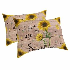 Edwiinsa Summer Sunflower Pillow Covers Standard Size Set of 2 20x26 Bed Pillow, Yellwo Spring Floral Bee Rustic Wood Plush Soft Comfort for Hair/Skin Cooling Pillowcases with Envelop Closure