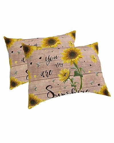 Edwiinsa Summer Sunflower Pillow Covers Standard Size Set of 2 20x26 Bed Pillow, Yellwo Spring Floral Bee Rustic Wood Plush Soft Comfort for Hair/Skin Cooling Pillowcases with Envelop Closure