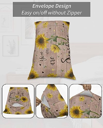 Edwiinsa Summer Sunflower Pillow Covers Standard Size Set of 2 20x26 Bed Pillow, Yellwo Spring Floral Bee Rustic Wood Plush Soft Comfort for Hair/Skin Cooling Pillowcases with Envelop Closure