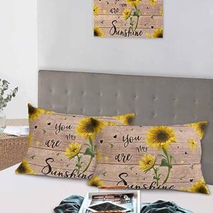 Edwiinsa Summer Sunflower Pillow Covers Standard Size Set of 2 20x26 Bed Pillow, Yellwo Spring Floral Bee Rustic Wood Plush Soft Comfort for Hair/Skin Cooling Pillowcases with Envelop Closure