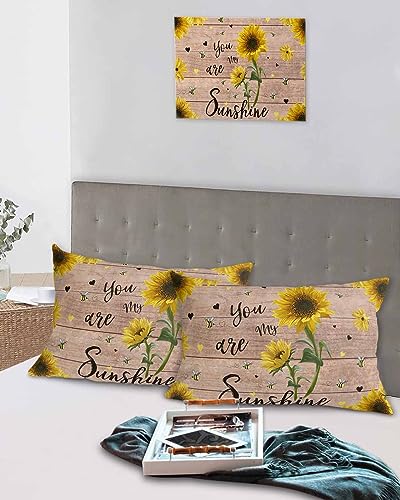 Edwiinsa Summer Sunflower Pillow Covers Standard Size Set of 2 20x26 Bed Pillow, Yellwo Spring Floral Bee Rustic Wood Plush Soft Comfort for Hair/Skin Cooling Pillowcases with Envelop Closure