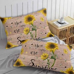 Edwiinsa Summer Sunflower Pillow Covers Standard Size Set of 2 20x26 Bed Pillow, Yellwo Spring Floral Bee Rustic Wood Plush Soft Comfort for Hair/Skin Cooling Pillowcases with Envelop Closure