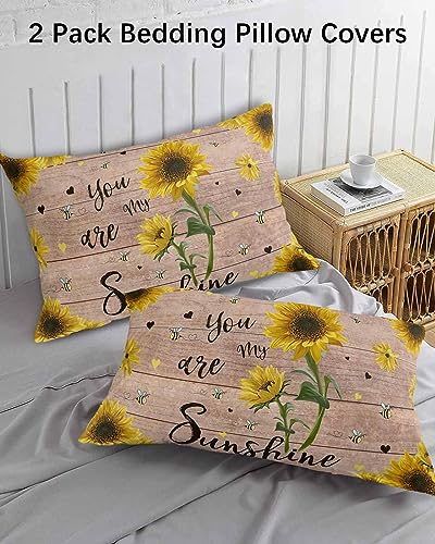 Edwiinsa Summer Sunflower Pillow Covers Standard Size Set of 2 20x26 Bed Pillow, Yellwo Spring Floral Bee Rustic Wood Plush Soft Comfort for Hair/Skin Cooling Pillowcases with Envelop Closure