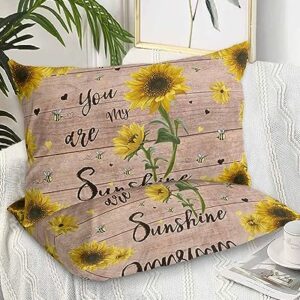 Edwiinsa Summer Sunflower Pillow Covers Standard Size Set of 2 20x26 Bed Pillow, Yellwo Spring Floral Bee Rustic Wood Plush Soft Comfort for Hair/Skin Cooling Pillowcases with Envelop Closure