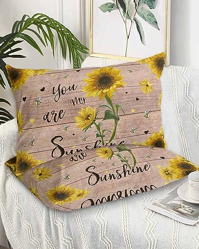 Edwiinsa Summer Sunflower Pillow Covers Standard Size Set of 2 20x26 Bed Pillow, Yellwo Spring Floral Bee Rustic Wood Plush Soft Comfort for Hair/Skin Cooling Pillowcases with Envelop Closure