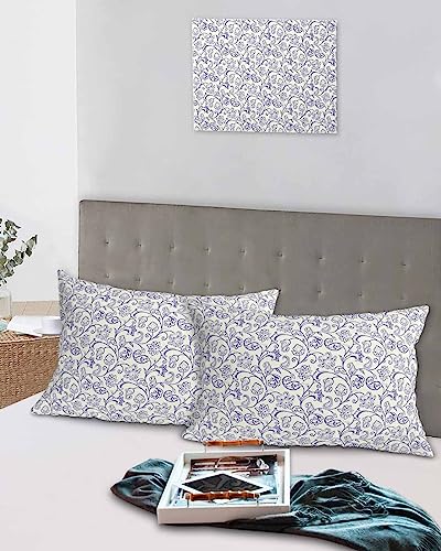 Edwiinsa Navy Blue Spring Floral Pillow Covers King Standard Set of 2 20x36 Bed Pillow, Modern Flower Pattern Aesthetics Plush Soft Comfort for Hair/Skin Cooling Pillowcases with Envelop Closure