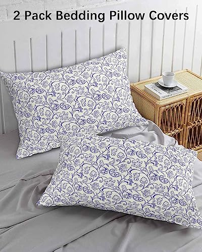 Edwiinsa Navy Blue Spring Floral Pillow Covers King Standard Set of 2 20x36 Bed Pillow, Modern Flower Pattern Aesthetics Plush Soft Comfort for Hair/Skin Cooling Pillowcases with Envelop Closure