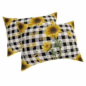 Summer Sunflower Pillow Covers Standard Size Set of 2 20x26 Bed Pillow, Black White Plaid Spring Floral Bee Rustic Wood Plush Soft Comfort for Hair/ Skin Cooling Pillowcases with Envelop Closure