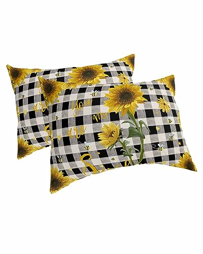 Summer Sunflower Pillow Covers Standard Size Set of 2 20x26 Bed Pillow, Black White Plaid Spring Floral Bee Rustic Wood Plush Soft Comfort for Hair/ Skin Cooling Pillowcases with Envelop Closure