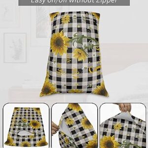 Summer Sunflower Pillow Covers Standard Size Set of 2 20x26 Bed Pillow, Black White Plaid Spring Floral Bee Rustic Wood Plush Soft Comfort for Hair/ Skin Cooling Pillowcases with Envelop Closure