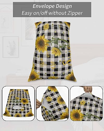 Summer Sunflower Pillow Covers Standard Size Set of 2 20x26 Bed Pillow, Black White Plaid Spring Floral Bee Rustic Wood Plush Soft Comfort for Hair/ Skin Cooling Pillowcases with Envelop Closure