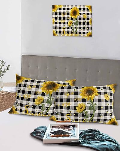 Summer Sunflower Pillow Covers Standard Size Set of 2 20x26 Bed Pillow, Black White Plaid Spring Floral Bee Rustic Wood Plush Soft Comfort for Hair/ Skin Cooling Pillowcases with Envelop Closure