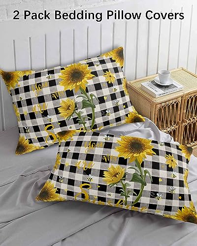 Summer Sunflower Pillow Covers Standard Size Set of 2 20x26 Bed Pillow, Black White Plaid Spring Floral Bee Rustic Wood Plush Soft Comfort for Hair/ Skin Cooling Pillowcases with Envelop Closure