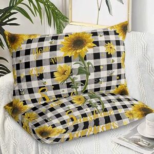 Summer Sunflower Pillow Covers Standard Size Set of 2 20x26 Bed Pillow, Black White Plaid Spring Floral Bee Rustic Wood Plush Soft Comfort for Hair/ Skin Cooling Pillowcases with Envelop Closure