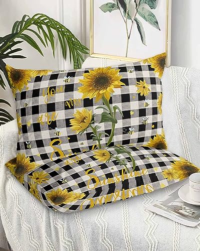 Summer Sunflower Pillow Covers Standard Size Set of 2 20x26 Bed Pillow, Black White Plaid Spring Floral Bee Rustic Wood Plush Soft Comfort for Hair/ Skin Cooling Pillowcases with Envelop Closure