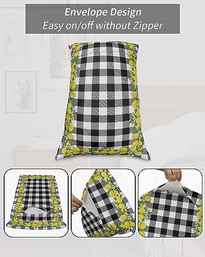 Edwiinsa Summer Lemon Pillow Covers Standard Size Set of 2 20x26 Bed Pillow, Yellow Fruit Spring Floral Black Plaid Plush Soft Comfort for Hair/Skin Cooling Pillowcases with Envelop Closure