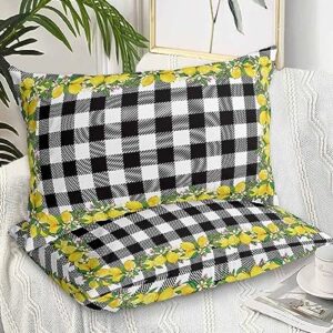 Edwiinsa Summer Lemon Pillow Covers Standard Size Set of 2 20x26 Bed Pillow, Yellow Fruit Spring Floral Black Plaid Plush Soft Comfort for Hair/Skin Cooling Pillowcases with Envelop Closure