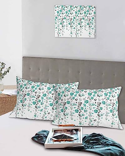 Edwiinsa Weeping Flowers Pillow Covers Standard Size Set of 2 20x26 Bed Pillow, Teal Grey Summer Spring Floral Botanical Art Plush Soft Comfort for Hair/Skin Cooling Pillowcases with Envelop Closure