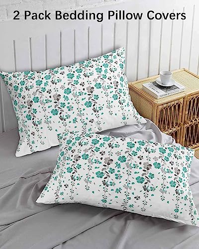 Edwiinsa Weeping Flowers Pillow Covers Standard Size Set of 2 20x26 Bed Pillow, Teal Grey Summer Spring Floral Botanical Art Plush Soft Comfort for Hair/Skin Cooling Pillowcases with Envelop Closure