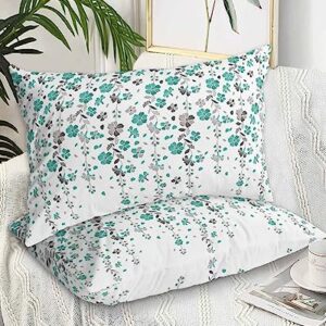 Edwiinsa Weeping Flowers Pillow Covers Standard Size Set of 2 20x26 Bed Pillow, Teal Grey Summer Spring Floral Botanical Art Plush Soft Comfort for Hair/Skin Cooling Pillowcases with Envelop Closure