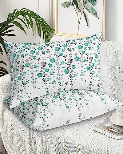 Edwiinsa Weeping Flowers Pillow Covers Standard Size Set of 2 20x26 Bed Pillow, Teal Grey Summer Spring Floral Botanical Art Plush Soft Comfort for Hair/Skin Cooling Pillowcases with Envelop Closure