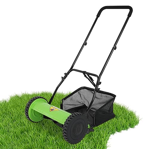 Qxznby 15-Inch Manual Lawn Mowers Push Lawn Mower Reel Mower Adjustable Cutting Height with Detachable Grass Catcher 5 Steel Blades 2 Wheels Easy to Use for Villas Parks Gardens Lawn (Green)