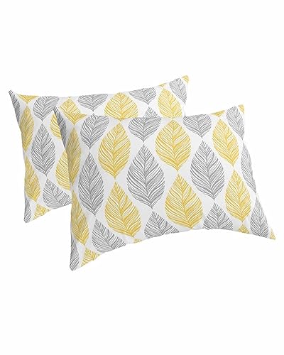 Edwiinsa Yellwo Grey Leaves Pillow Covers Standard Size Set of 2 20x26 Bed Pillow, Summer Tropical Plant Aesthetics Plush Soft Comfort for Hair/Skin Cooling Pillowcases with Envelop Closure