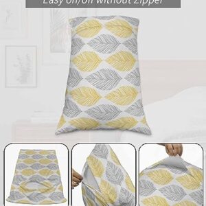 Edwiinsa Yellwo Grey Leaves Pillow Covers Standard Size Set of 2 20x26 Bed Pillow, Summer Tropical Plant Aesthetics Plush Soft Comfort for Hair/Skin Cooling Pillowcases with Envelop Closure