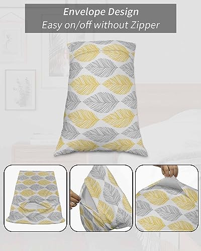 Edwiinsa Yellwo Grey Leaves Pillow Covers Standard Size Set of 2 20x26 Bed Pillow, Summer Tropical Plant Aesthetics Plush Soft Comfort for Hair/Skin Cooling Pillowcases with Envelop Closure