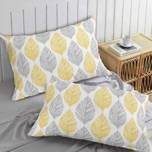 Edwiinsa Yellwo Grey Leaves Pillow Covers Standard Size Set of 2 20x26 Bed Pillow, Summer Tropical Plant Aesthetics Plush Soft Comfort for Hair/Skin Cooling Pillowcases with Envelop Closure