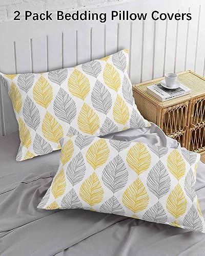 Edwiinsa Yellwo Grey Leaves Pillow Covers Standard Size Set of 2 20x26 Bed Pillow, Summer Tropical Plant Aesthetics Plush Soft Comfort for Hair/Skin Cooling Pillowcases with Envelop Closure