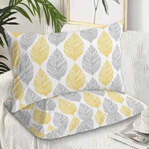 Edwiinsa Yellwo Grey Leaves Pillow Covers Standard Size Set of 2 20x26 Bed Pillow, Summer Tropical Plant Aesthetics Plush Soft Comfort for Hair/Skin Cooling Pillowcases with Envelop Closure