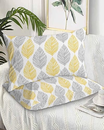 Edwiinsa Yellwo Grey Leaves Pillow Covers Standard Size Set of 2 20x26 Bed Pillow, Summer Tropical Plant Aesthetics Plush Soft Comfort for Hair/Skin Cooling Pillowcases with Envelop Closure