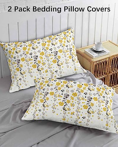 Weeping Flowers Pillow Covers King Standard Set of 2 20x36 Bed Pillow, Yellow Grey Summer Spring Floral Botanical Art Plush Soft Comfort for Hair/ Skin Cooling Pillowcases with Envelop Closure