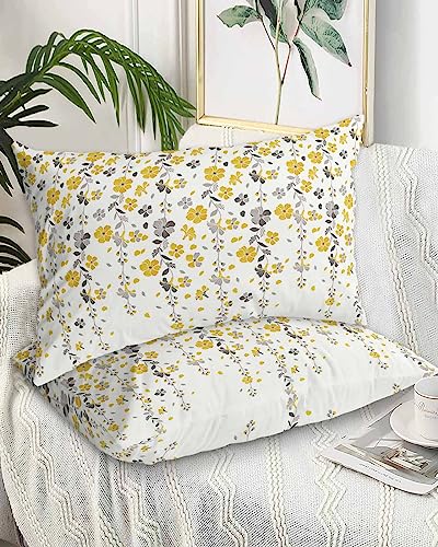 Weeping Flowers Pillow Covers King Standard Set of 2 20x36 Bed Pillow, Yellow Grey Summer Spring Floral Botanical Art Plush Soft Comfort for Hair/ Skin Cooling Pillowcases with Envelop Closure