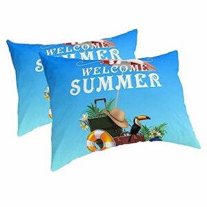 Edwiinsa Welcome Summer Pillow Covers Standard Size Set of 2 20x26 Bed Pillow, Blue Summer Beach Seaside Camping Plush Soft Comfort for Hair/Skin Cooling Pillowcases with Envelop Closure