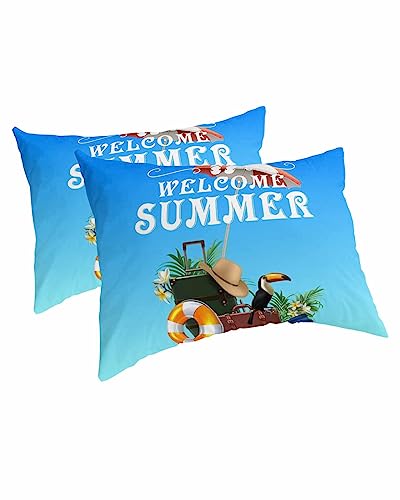 Edwiinsa Welcome Summer Pillow Covers Standard Size Set of 2 20x26 Bed Pillow, Blue Summer Beach Seaside Camping Plush Soft Comfort for Hair/Skin Cooling Pillowcases with Envelop Closure