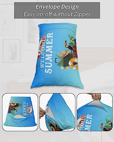 Edwiinsa Welcome Summer Pillow Covers Standard Size Set of 2 20x26 Bed Pillow, Blue Summer Beach Seaside Camping Plush Soft Comfort for Hair/Skin Cooling Pillowcases with Envelop Closure