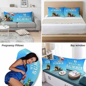 Edwiinsa Welcome Summer Pillow Covers Standard Size Set of 2 20x26 Bed Pillow, Blue Summer Beach Seaside Camping Plush Soft Comfort for Hair/Skin Cooling Pillowcases with Envelop Closure