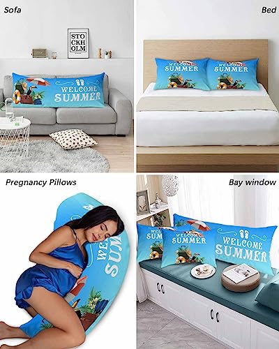 Edwiinsa Welcome Summer Pillow Covers Standard Size Set of 2 20x26 Bed Pillow, Blue Summer Beach Seaside Camping Plush Soft Comfort for Hair/Skin Cooling Pillowcases with Envelop Closure