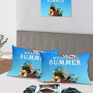 Edwiinsa Welcome Summer Pillow Covers Standard Size Set of 2 20x26 Bed Pillow, Blue Summer Beach Seaside Camping Plush Soft Comfort for Hair/Skin Cooling Pillowcases with Envelop Closure