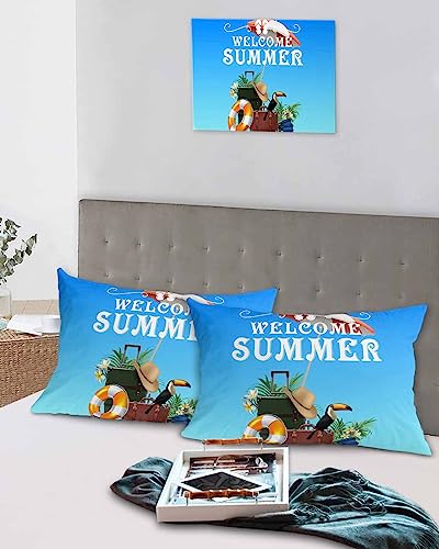 Edwiinsa Welcome Summer Pillow Covers Standard Size Set of 2 20x26 Bed Pillow, Blue Summer Beach Seaside Camping Plush Soft Comfort for Hair/Skin Cooling Pillowcases with Envelop Closure