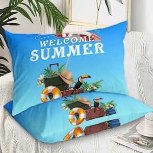 Edwiinsa Welcome Summer Pillow Covers Standard Size Set of 2 20x26 Bed Pillow, Blue Summer Beach Seaside Camping Plush Soft Comfort for Hair/Skin Cooling Pillowcases with Envelop Closure