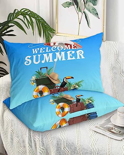 Edwiinsa Welcome Summer Pillow Covers Standard Size Set of 2 20x26 Bed Pillow, Blue Summer Beach Seaside Camping Plush Soft Comfort for Hair/Skin Cooling Pillowcases with Envelop Closure