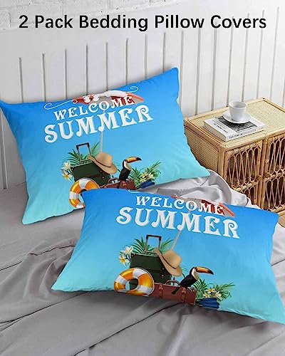 Edwiinsa Welcome Summer Pillow Covers Standard Size Set of 2 20x26 Bed Pillow, Blue Summer Beach Seaside Camping Plush Soft Comfort for Hair/Skin Cooling Pillowcases with Envelop Closure