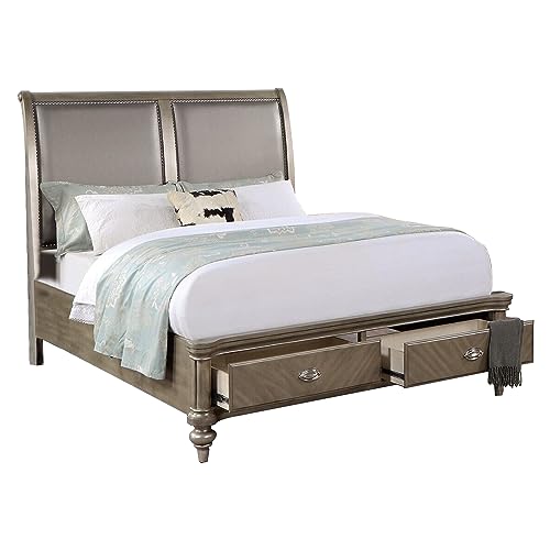 Benjara Ella Modern California King Storage Bed, Faux Leather Upholstery, Gold