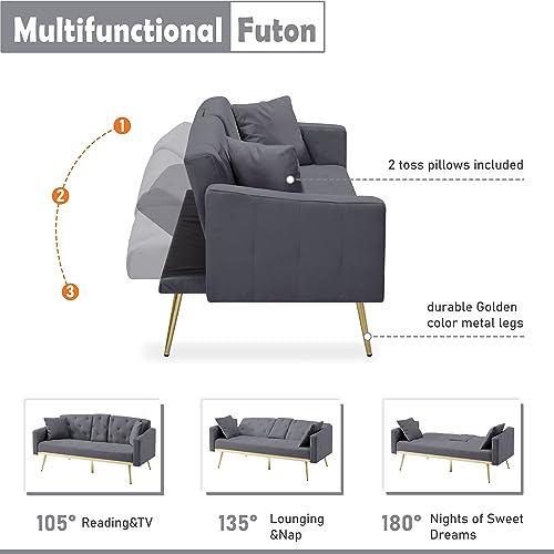 LCH 67.7, Upholstered Convertible Folding Sleeper Sofa Bed with Removable Armrests, Modern Futon Couch for Living Room, Bedroom, 2 Cupholders, Metal Legs, Dark Grey