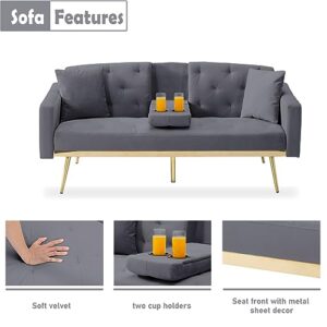 LCH 67.7, Upholstered Convertible Folding Sleeper Sofa Bed with Removable Armrests, Modern Futon Couch for Living Room, Bedroom, 2 Cupholders, Metal Legs, Dark Grey