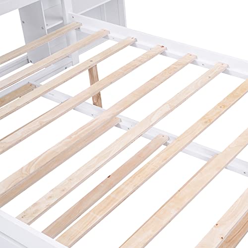 BIADNBZ Full Size Storage Bed Frame with Pull Out Shelves and Twin Trundle, Wooden Versatile Platform Bedframe w/Headboard, for Kids Teens Adults Bedroom, White